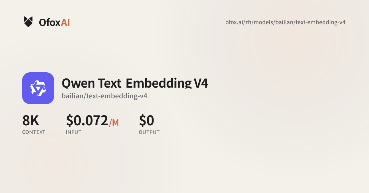 Qwen Text Embedding V4 API 接入教程 - 3 分钟快速接入 | Ofox.ai | OfoxAI